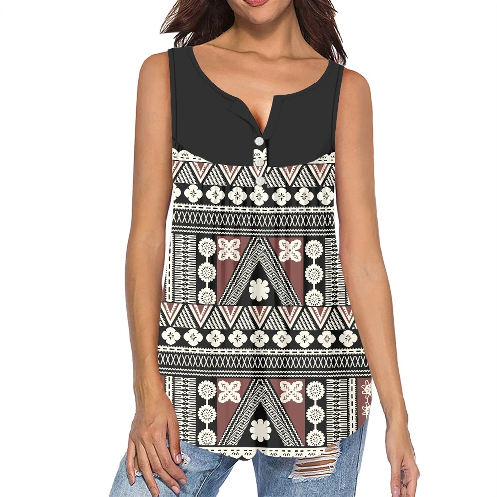 Summer V-neck Button T-shirt Vest Polynesian Tribal Black White Tapa ...