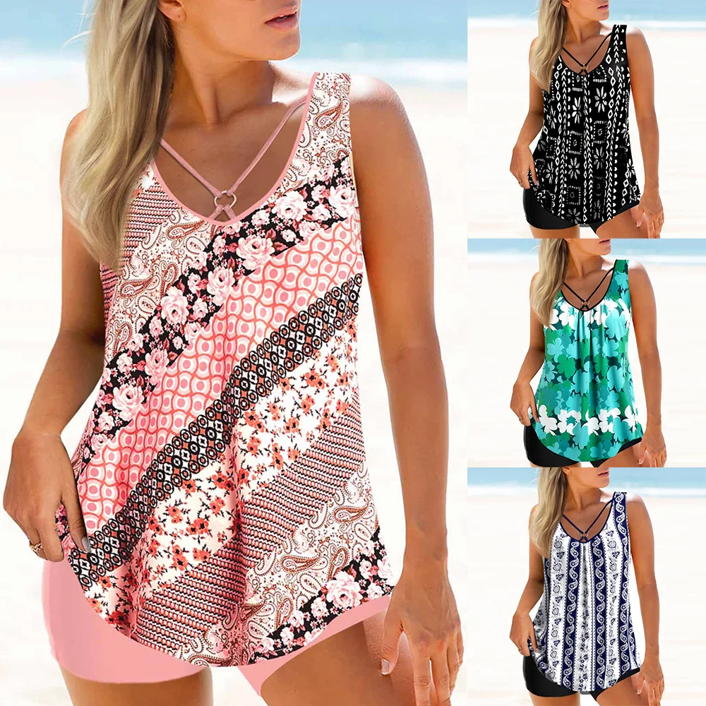 Summer Tankini Set Vintage Floral Print High Waist Swimwear Modest Swim ...