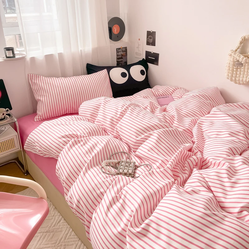 Pink-Color-Bedding-Set-for-Girls-Striped-Bed-Linen-Sets-Single-Size ...