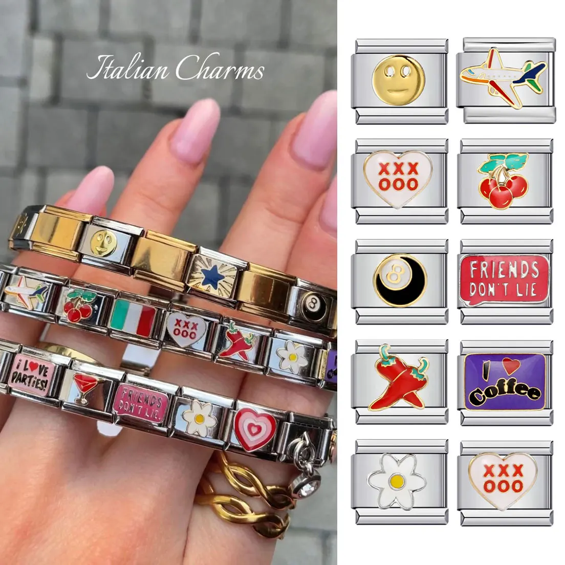 Stainless Steel Personalized Italian Charm Bracelet Aircraft Cherry ...