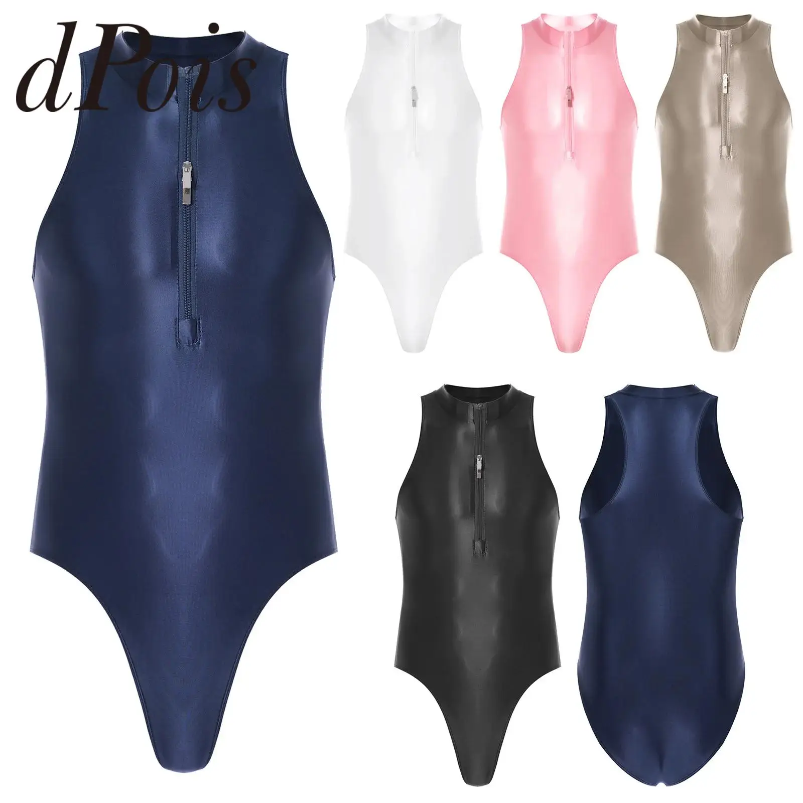 Men-s-Glossy-Sleeveless-Bodysuit-Solid-Color-Swimsuit-Front-Leotard-One ...