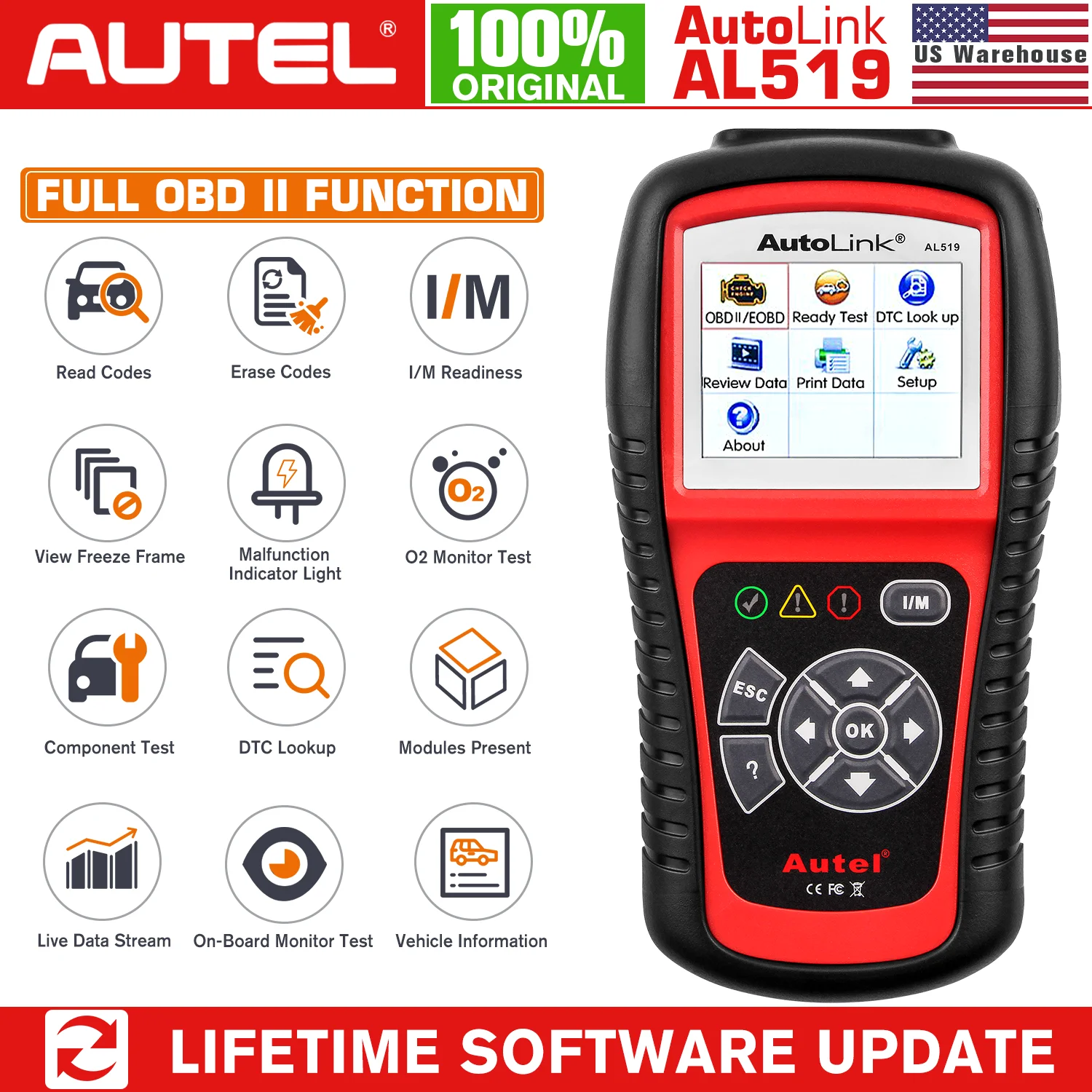 Autel AutoLink AL519 Diagnostic Tool OBD2 Scanner Code Reader Scanner ...