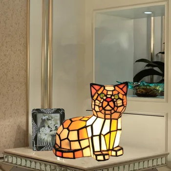 Tiffany Stained Glass Cat Table Lamp for Bedroom Vintage Animal Desk ...