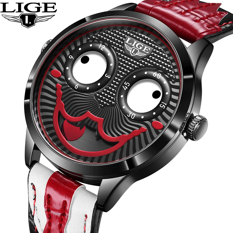 LIGE Creative Design Clown Smile Man Watch Fashion Leather Strap ...