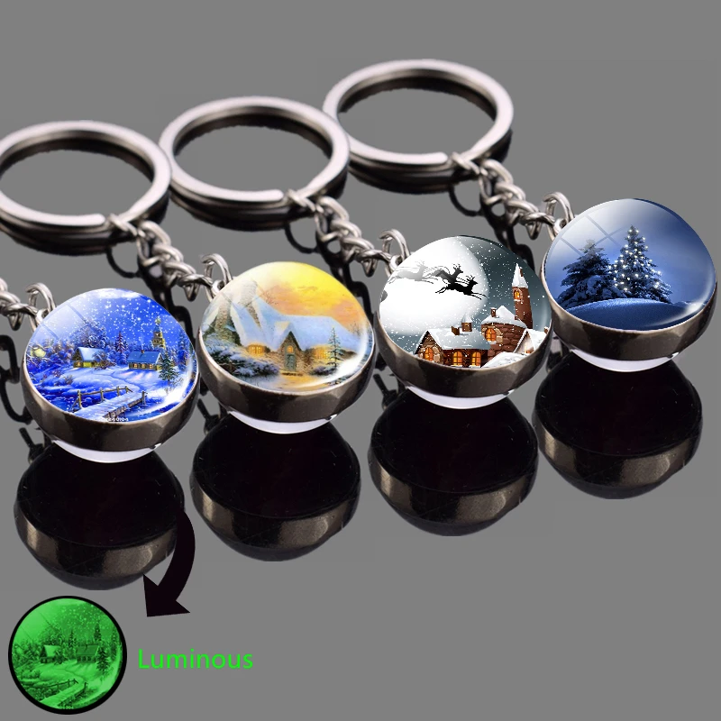 Glow-In-The-Dark-Snow-House-Keychain-Double-Sides-Christmas-Tree-Glass ...