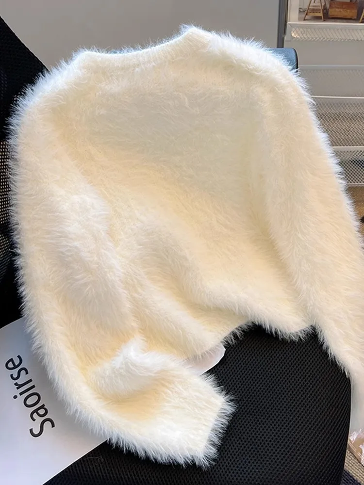 White ort Women's Knitted Sweater Autumn Winter High Waist Mouton Fce ...