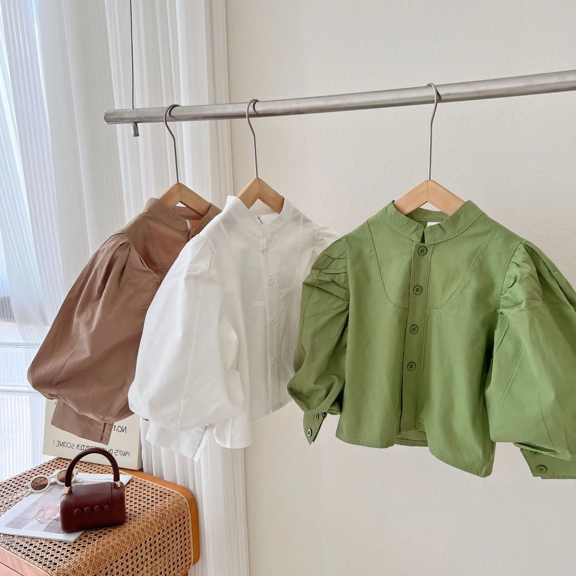 2024 Spring Autumn Costume Kid Girl Solid Puff Sleeve Blouse Children ...