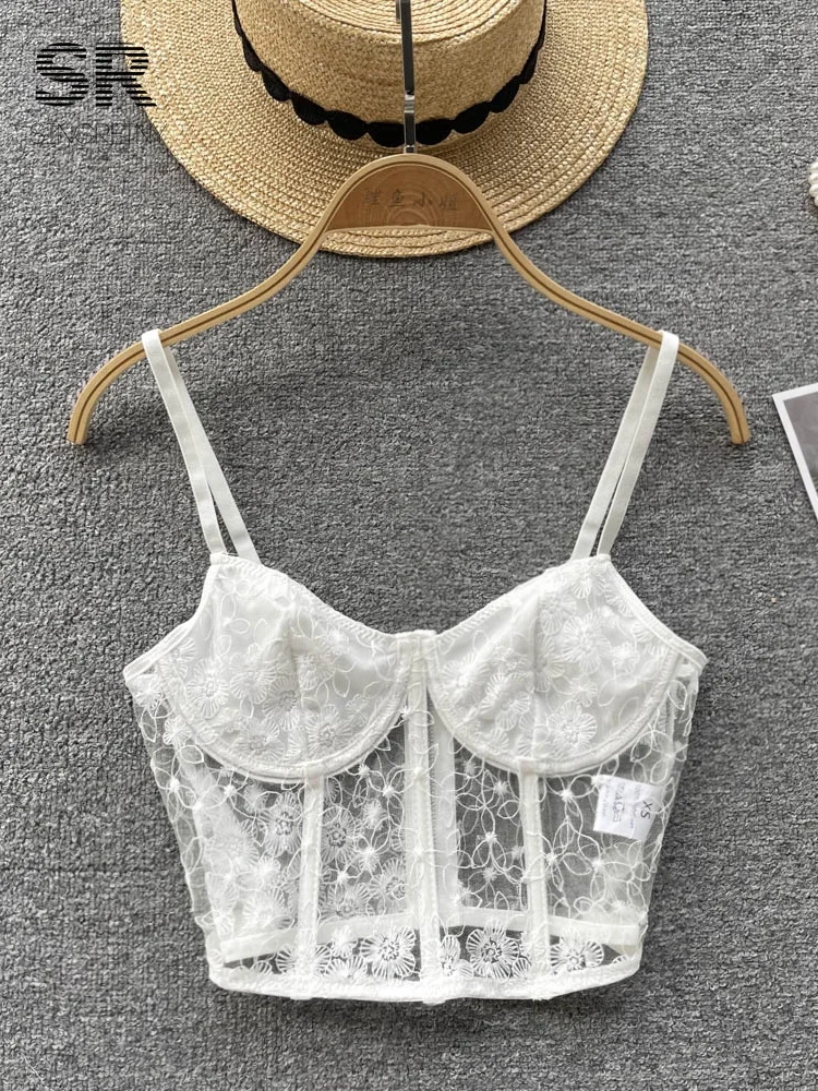 Singreiny 레이스 디자인 크롭탑 여성용 백리스 스트랩 브라렛 코르셋 뷔스티에 레이디 투명 패션 슬림 숏 캐미솔 여름