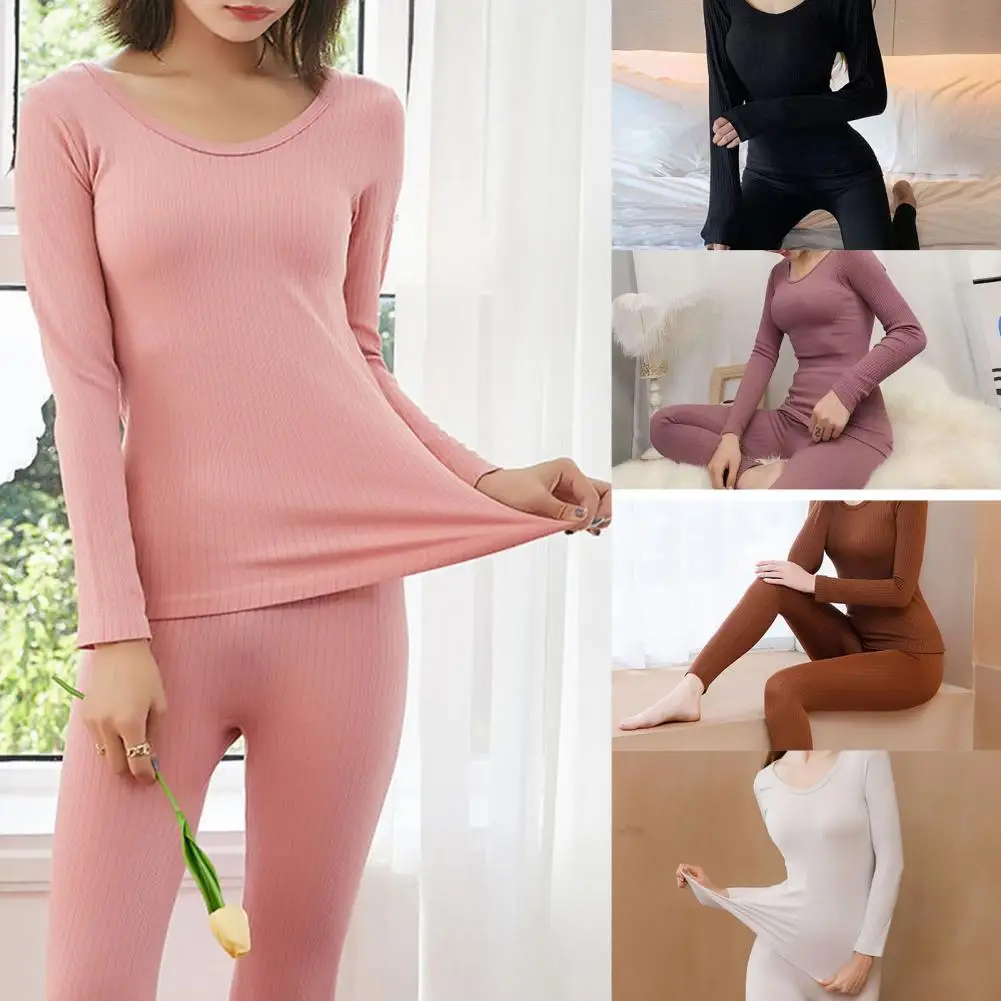 2 Pcs/Set Women Base Top Pants Set Solid Color Thermal Underwear Sets Thick Elastic Waist ...