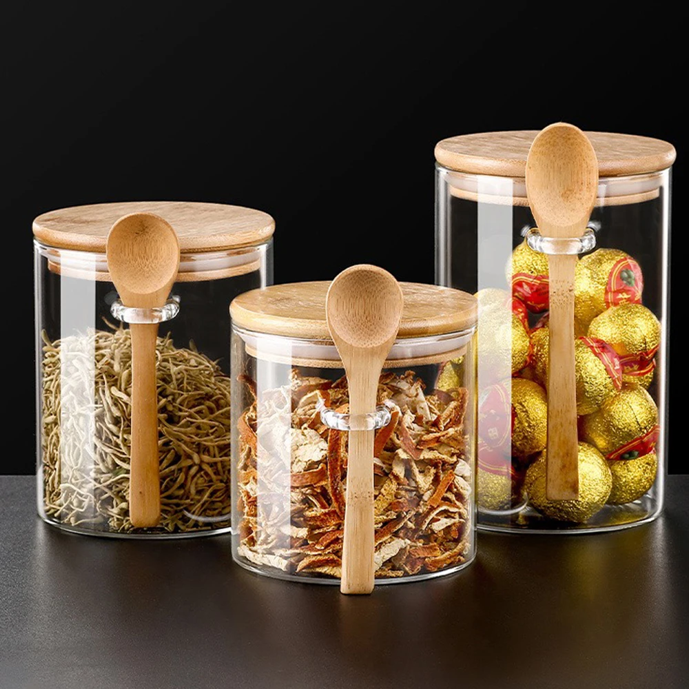 Glass-Jar-Containers-with-Wood-Lid-and-Spoon-Sealed-Food-Container-for ...
