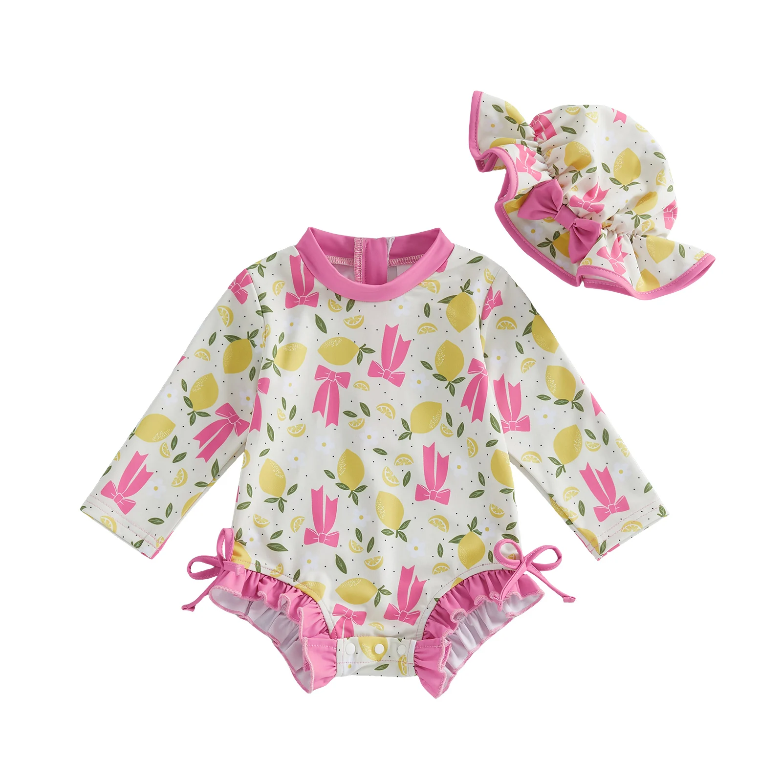 Summer Infant Baby Girl Swimsuit Set Lemon Bow Flower Rash Guard Long ...