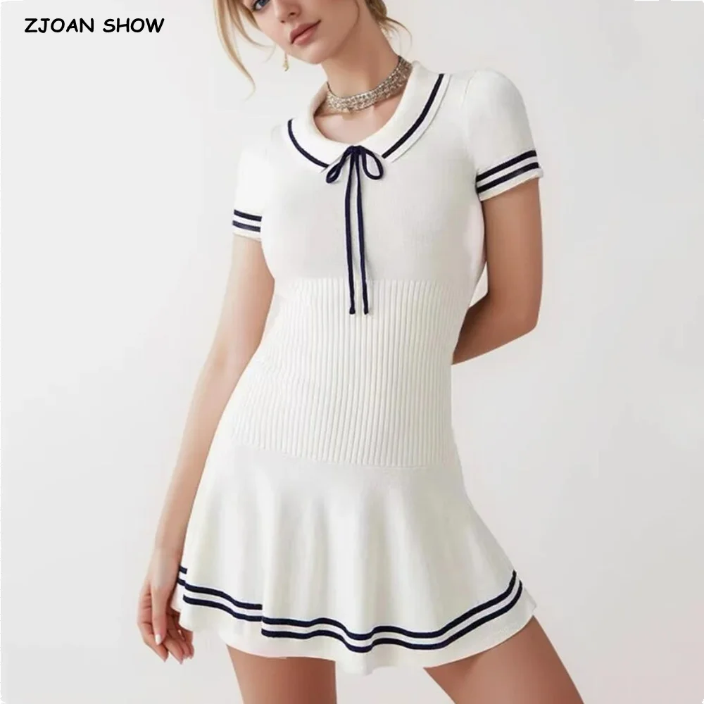 2024-Preppy-Style-Tie-Bow-Lapel-Short-Sleeve-Knitted-Dress-Women-Skinny ...