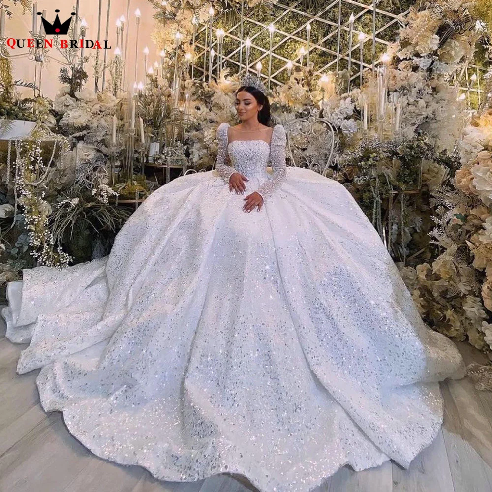 Luxury Ball Gown Weddding Dresse Puffy Long Train Sequin Tulle Crystal ...