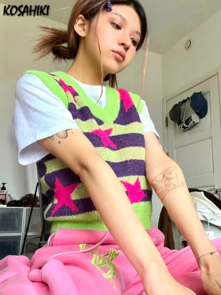 KOSAHIKI-Y2k-Aesthetics-Knitted-Vest-Women-Harajuku-Grunge-Striped-Star ...