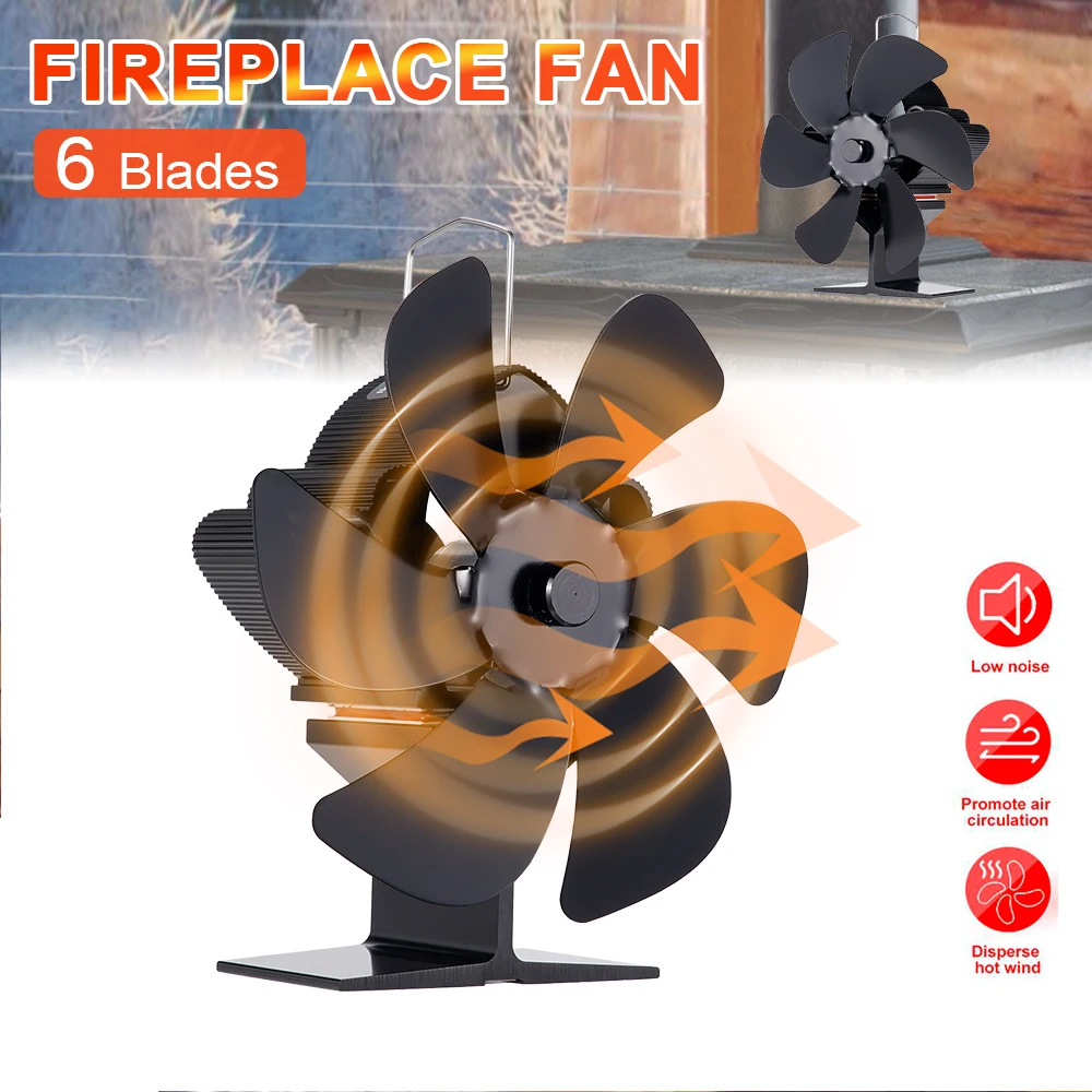 Black Fireplace Fan 6 Blades Heat Powered Stove Fan Firewood Log Wood ...