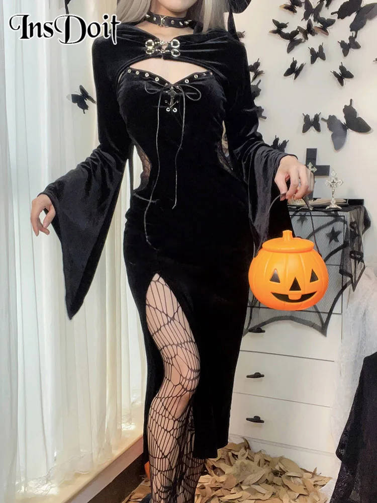 InsDoit-Gothic-Spider-Web-Black-Dress-Women-Streetwear-Flare-Sleeve ...