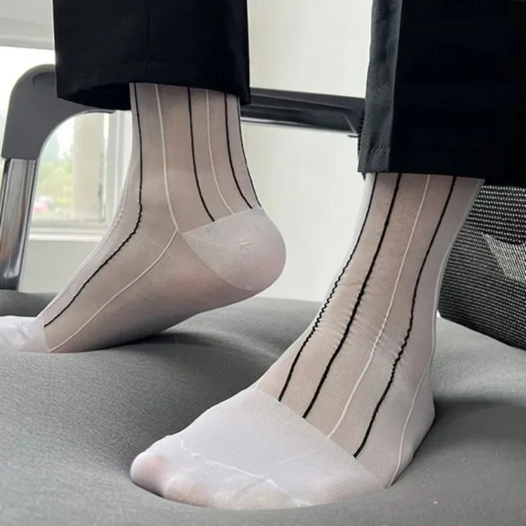 Summer Thin Nylon Mens Stockings Striped Business Casual Formal Wear ...