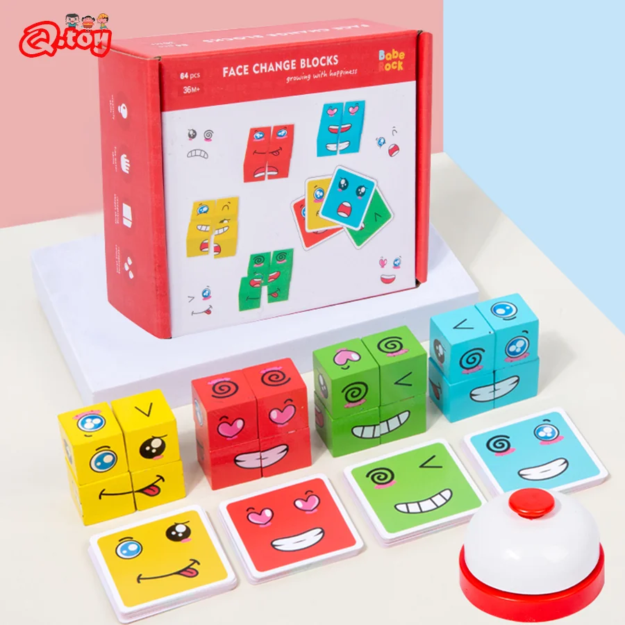 Kids Face Change Cube Game Montessori Expression Puzzle Building Blocks ...