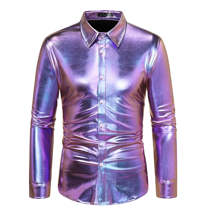 Mens-Shiny-Purple-Metallic-Dress-Shirts-Long-Sleeve-Button-Down-70s ...