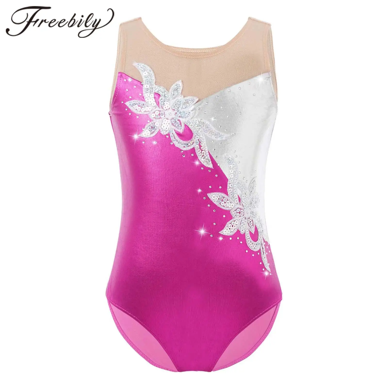 Kids Girls Mesh Splice Sequins Metallic Gymnastics Leotard Childs ...