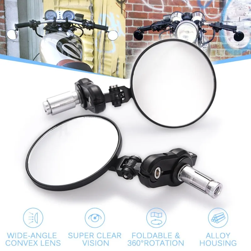 2PCS-SET-22mm-Universal-Motorcycle-Mirror-Aluminum-Black-Handle-Bar-End ...