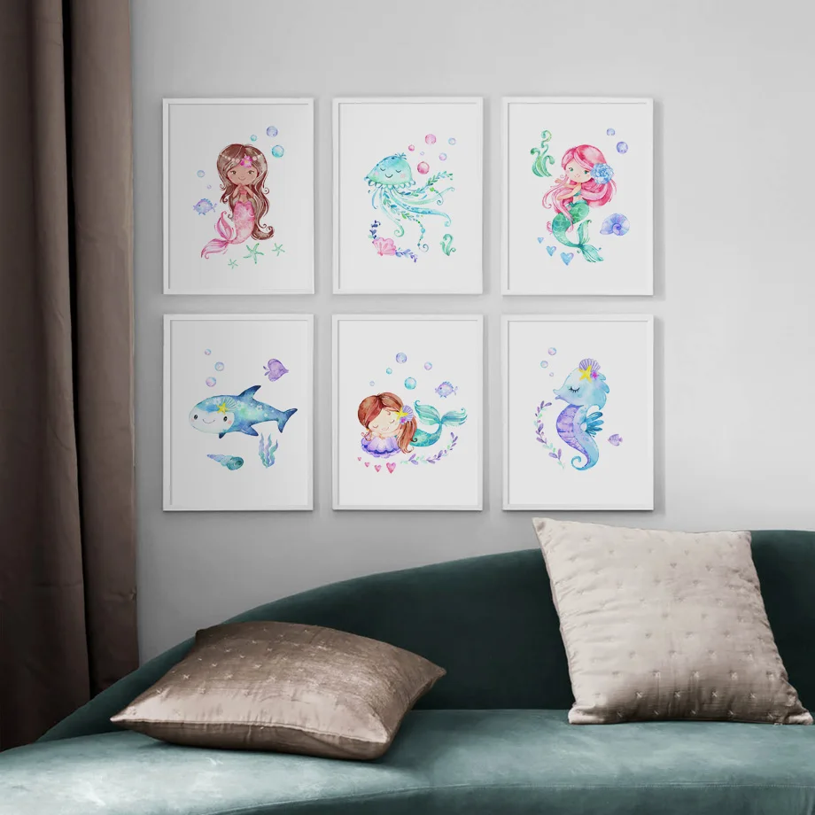 Zeemeermin Schildpad Kwallen Zeepaardje Octopus walvis Wall Art Print ...
