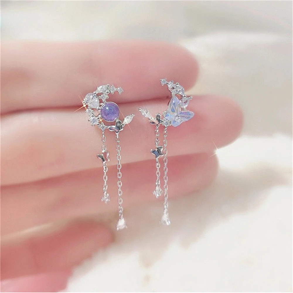 Korean Exquisite Planet Moon Butterfly Tassel Earrings For Women Sparkling Crystal Asymmetrical ...