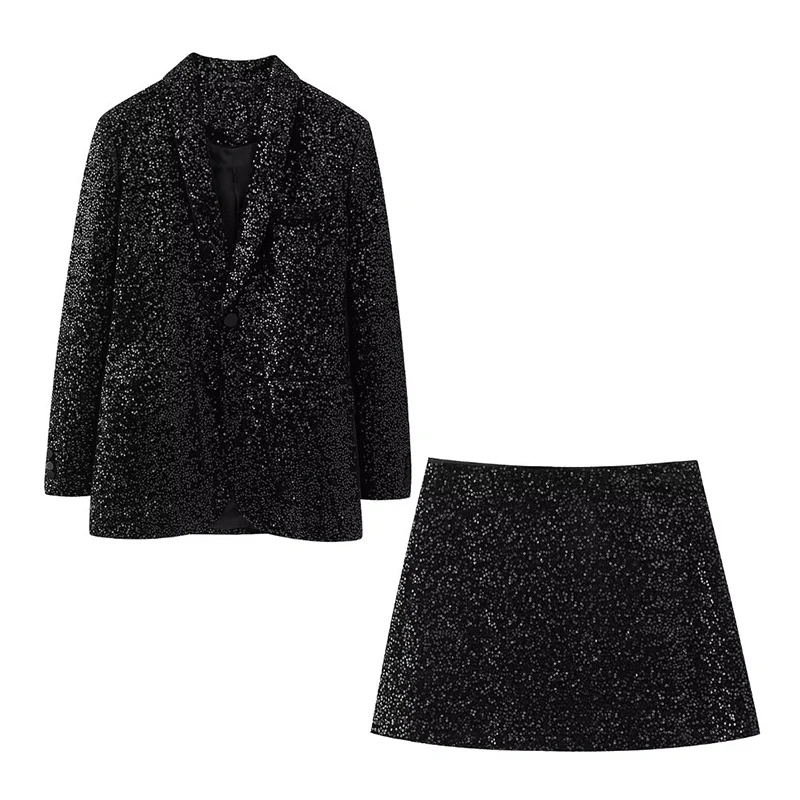 Solid-Winter-Shiny-Loose-Suit-Coat-Mini-Skirt-Set-Sequin-Women-s ...