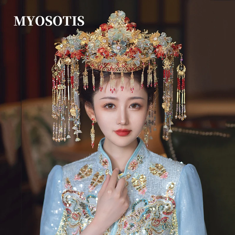 Classical Chinese Crystal Flower Phoenix Crown Headdress Retro Wedding ...