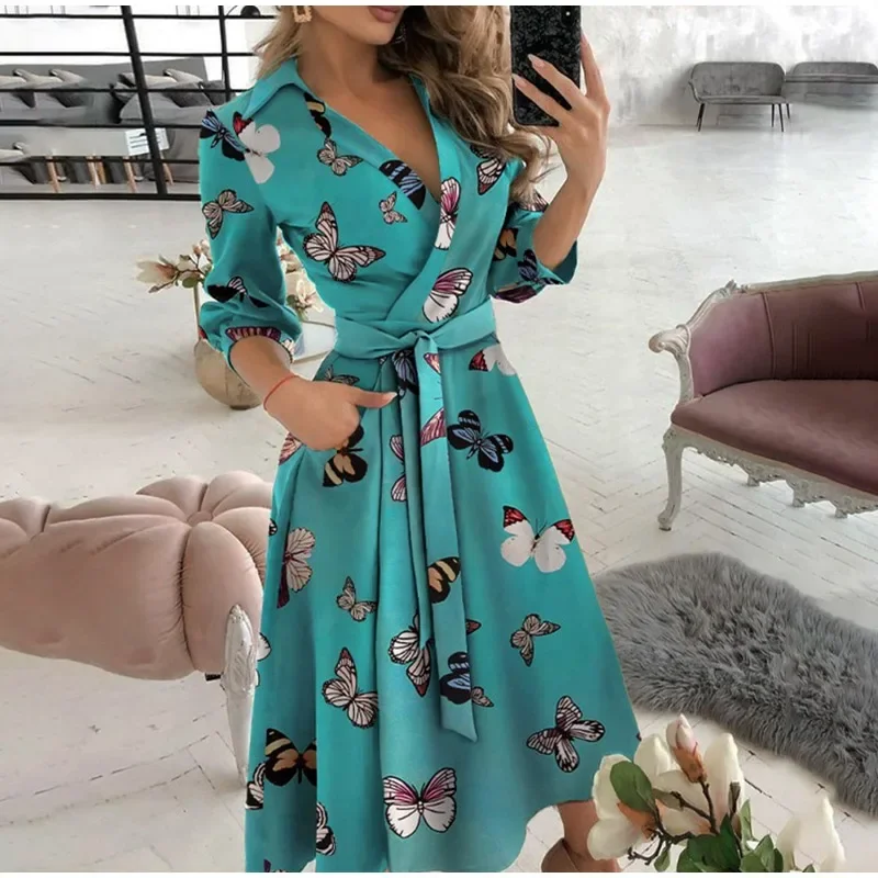 Vestido-largo-de-manga-corta-para-mujer-prenda-informal-con-cuello-en-V ...