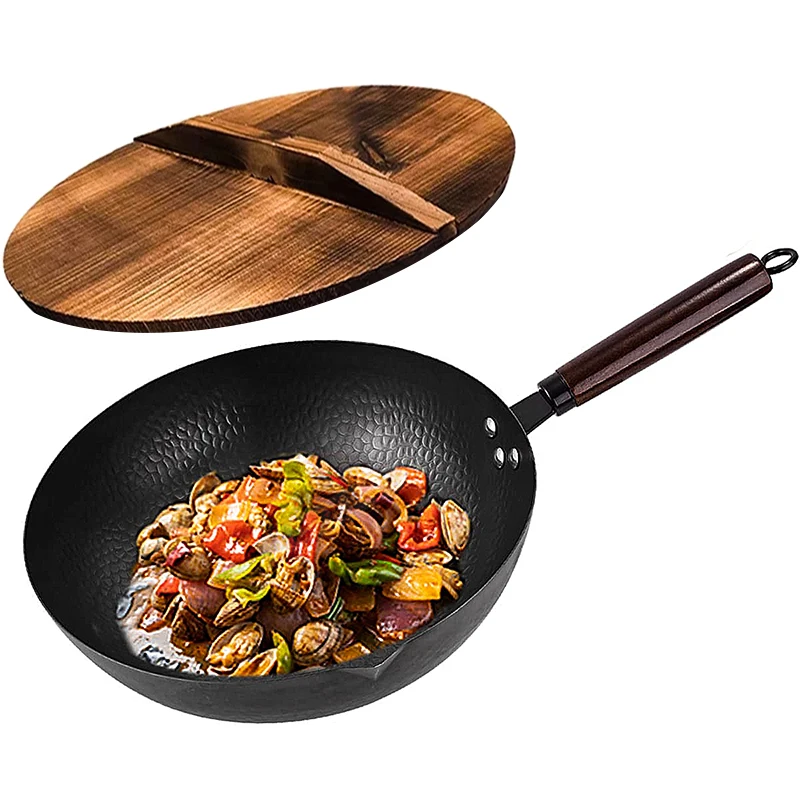 32cm-Carbon-Steel-Wok-Woks-Stir-Fry-Pans-Wok-Pan-with-Lid-No-Chemical ...