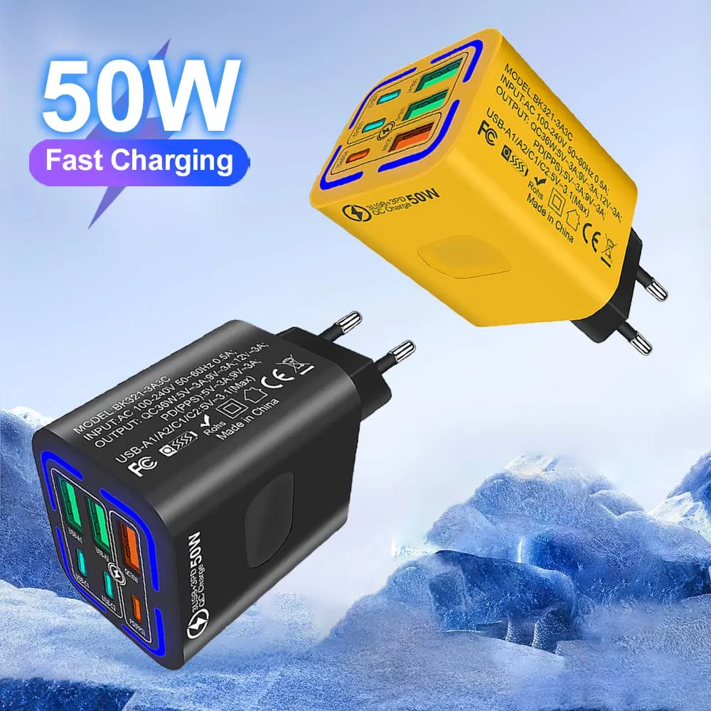 50W 3USB+3PD Wall Charger 6 Ports Quick Charge Adapter for iPhone ...
