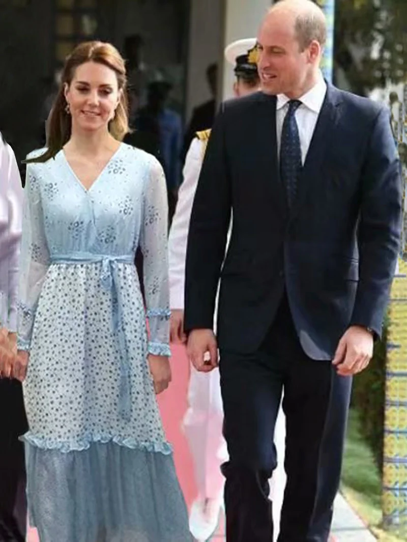 Summer Fashion Women Light Blue Long Dresses Kate Middleton Princess V ...