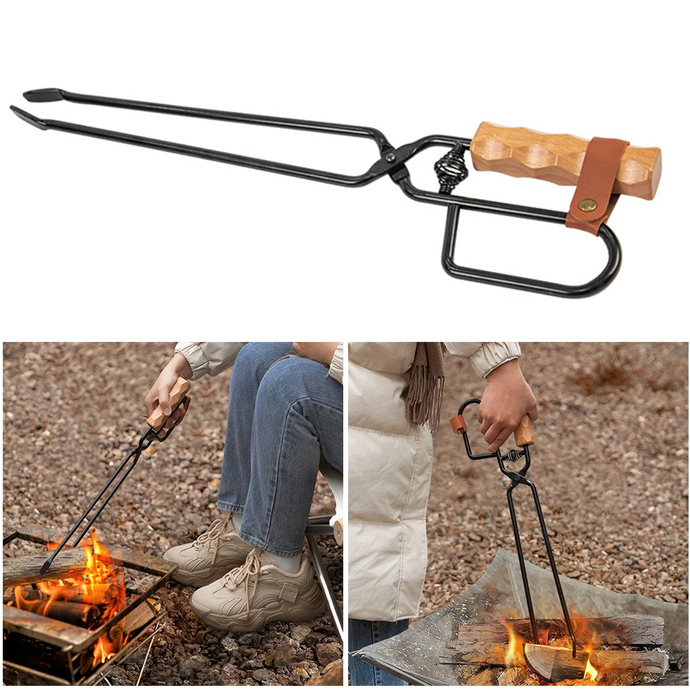 Metal-Wooden-Charcoal-Fire-Tongs-Shears-Long-HandleOutdoor-Camping ...