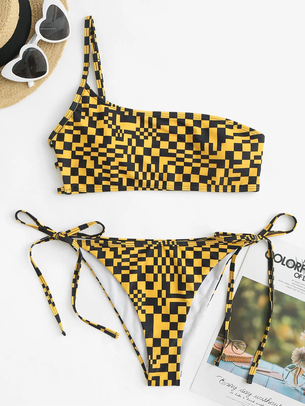 TAVIMART - One Shoulder Checkerboard Tie Ladder Cutout Bikini Swimwear ...