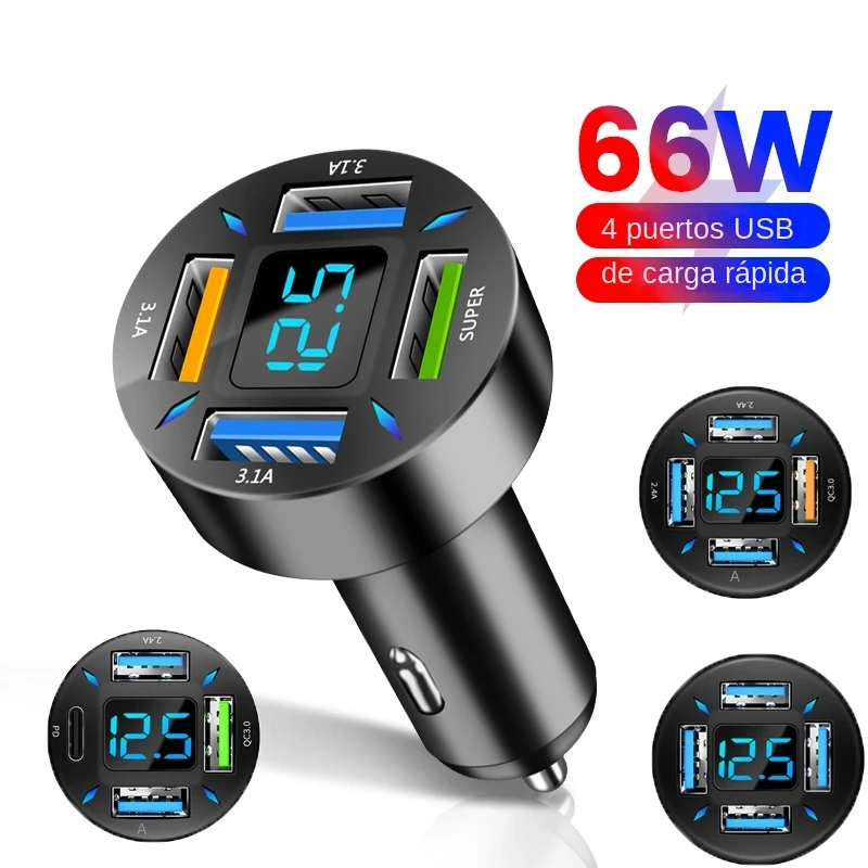 Cargador de coche de carga rápida, adaptador de encendedor de cigarrillos de 4 puertos USB A USB ...