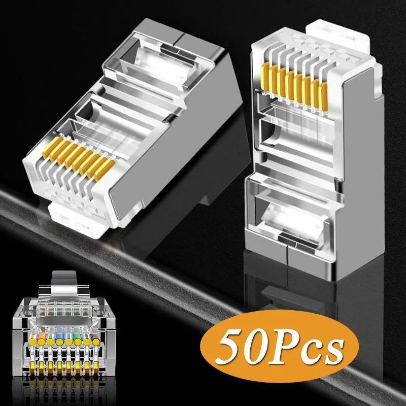 RJ45-Connectors-Pass-Through-CAT6-CAT5-Shielded-Crystal-Head-Gold ...