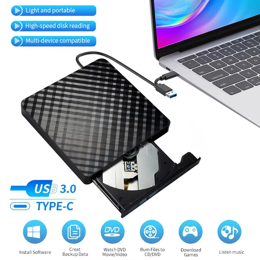 2-in-1 USB 3.0 TypeC Slim External DVD RW CD Writer Drive Burner Reader ...