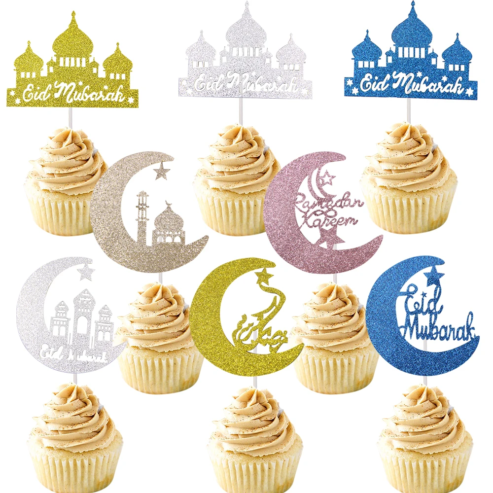 10pcs-lot-Eid-Mubarak-Cupcake-Topper-Bling-Gold-Silver-Moon-Temple ...
