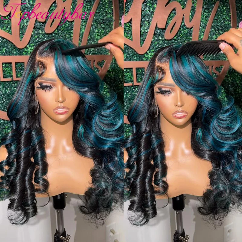 Highlight-Blue-Human-Hair-Wigs-Transparent-13X4-Lace-Front-Wigs-180 ...