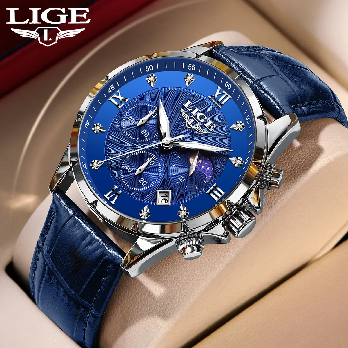 LIGE New Leather Strap Men's Watch Fashion Moon Phase Luminous Business ...