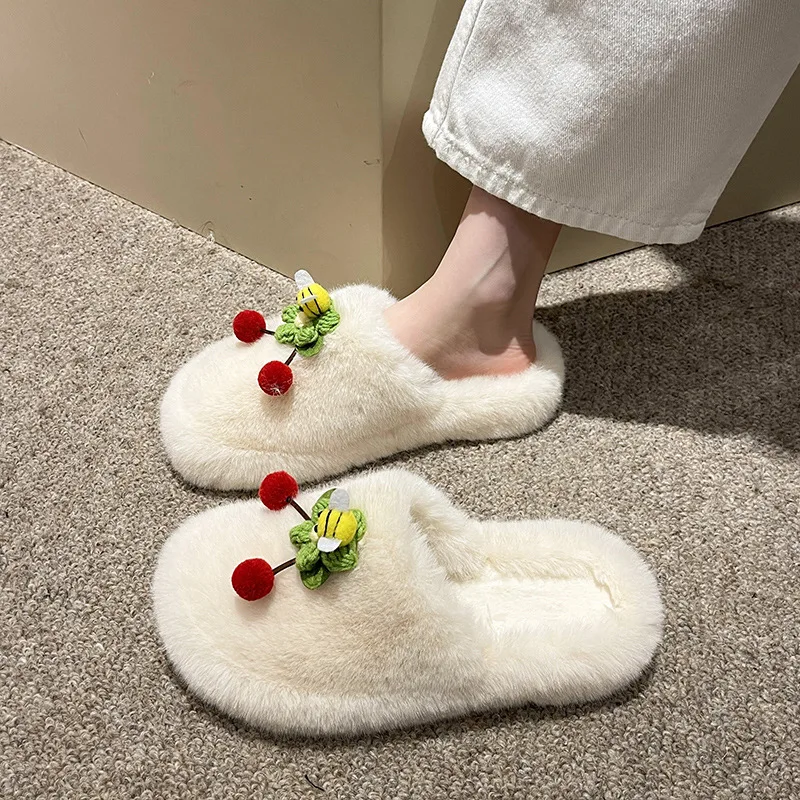 Cute-Bee-Women-Slippers-Autumn-Winter-Cotton-Flat-Fluffy-Slippers-Woman ...