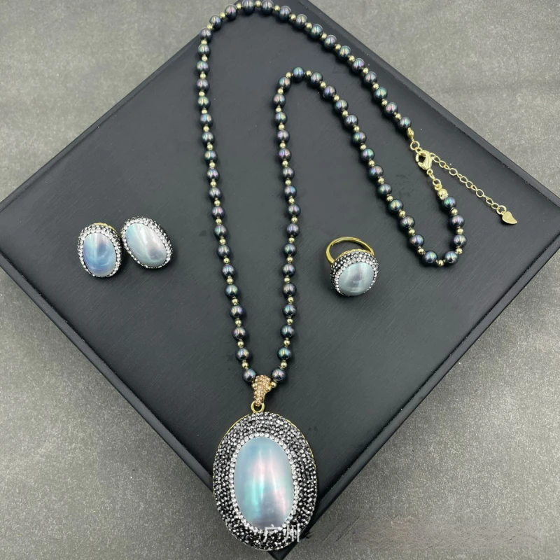 Natural-gray-deep-sea-pearl-set-jewelry-high-end-exquisite-handmade ...