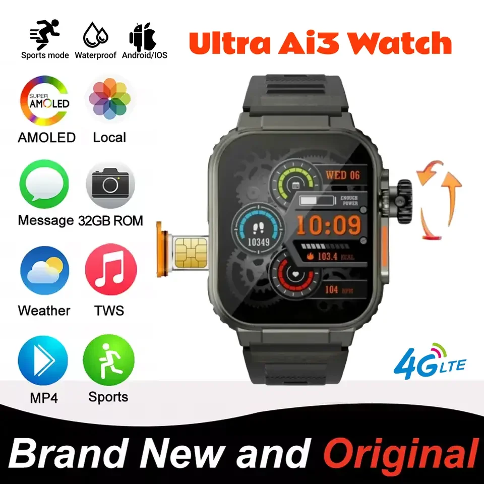 Original Ultra Ai3 Smartwatch 4G Android OS AMOLED HD Display Camera ...