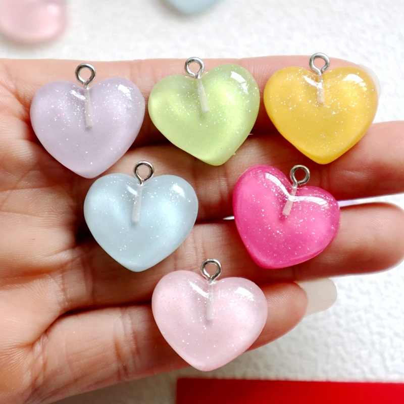 10PCS Valentine Colorful Transparent Love Heart Resin Pendant Charm ...