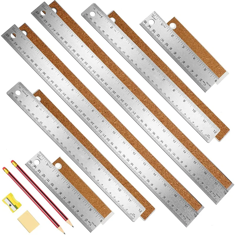 6-Pieces-Stainless-Steel-Metal-Cork-Ruler-Non-Slip-Straight-Edge-Metal ...