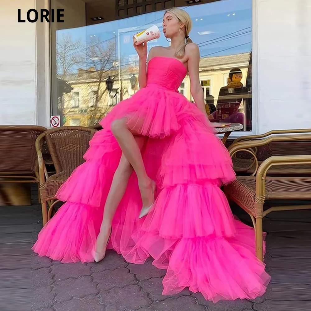 Lorie Elegant Fuchsia Prom Dress High Low Back Lace Up Tiered Tulle