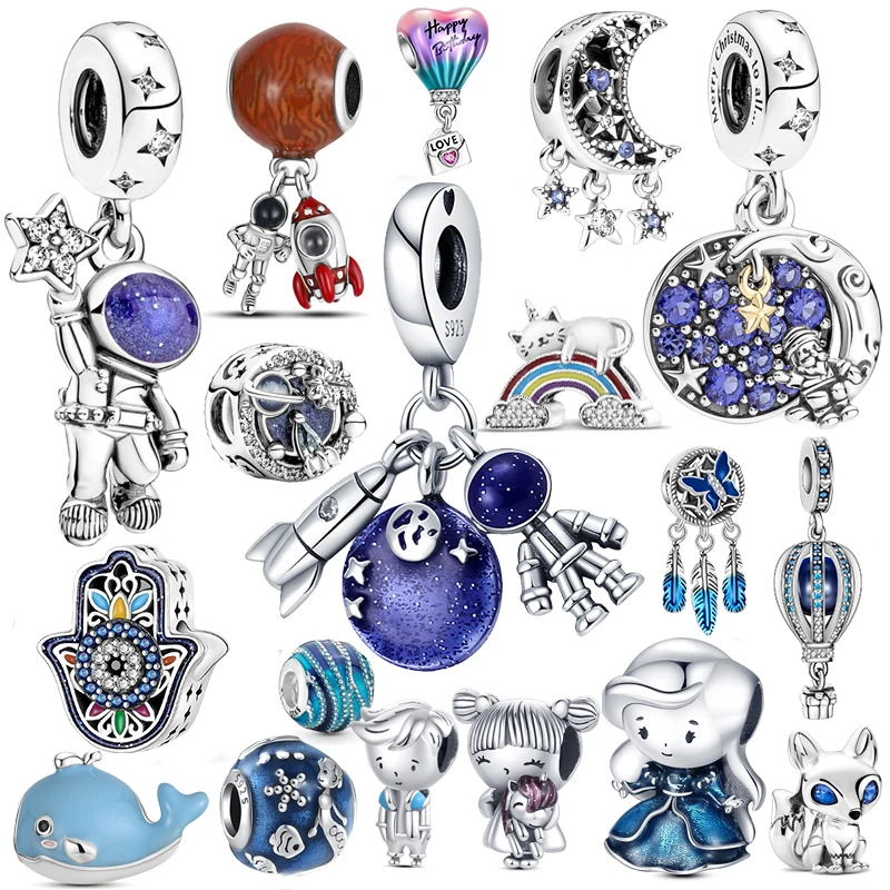 925 Sterling Silver moon Plane Blue Space series Glass Beads Clip Charm ...