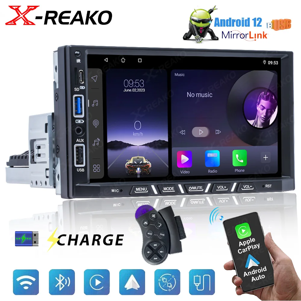 X-REAKO 1 Din Android 12 Car Radio Wireless CarPlay Universal Gps 1DIN ...