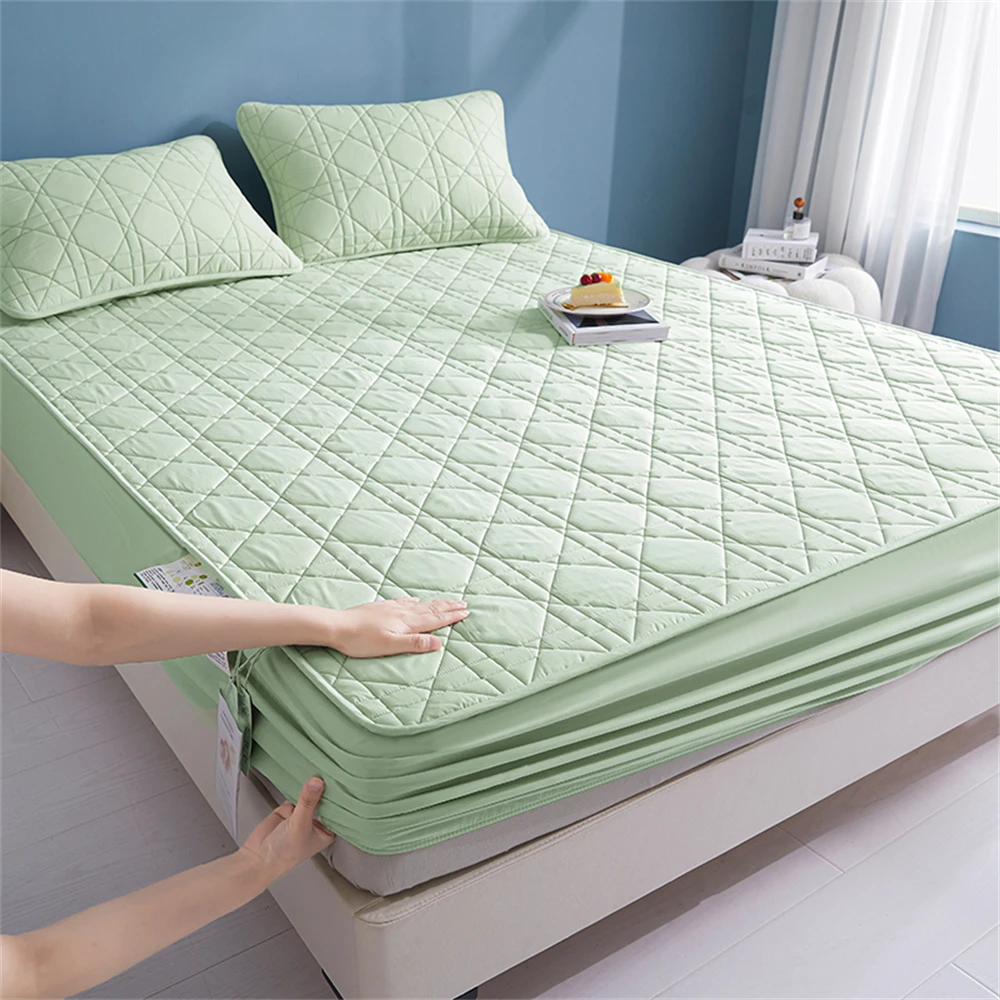 100-Cotton-Fitted-Sheet-Quilted-Mattress-Cover-Solid-Color-Home-Bed ...